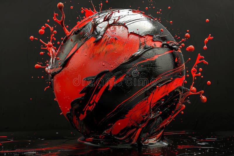 An Artistic Dynamic 3D Sphere Showcasing a Striking Red and Black Paint ...