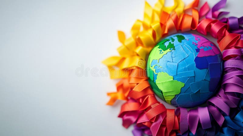 Artistic Earth Globe Surrounded by Rainbow Ribbon on White Background ...