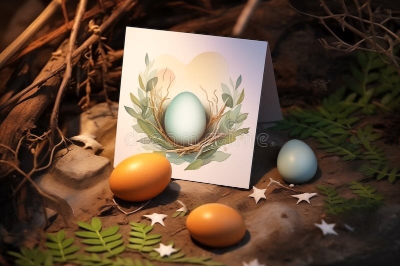 Artistic Easter Card with Nest Illustration beside Real Eggs in Natural ...
