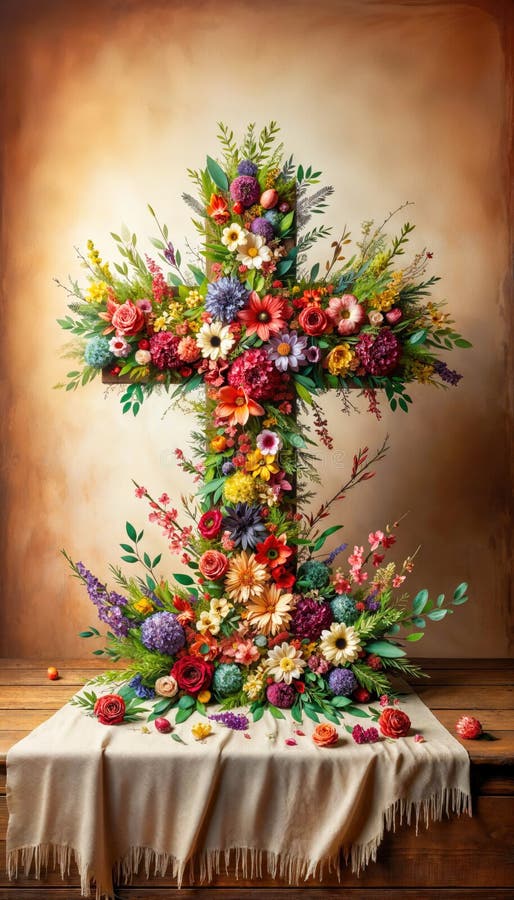 Artistic Easter Cross Embellished with a Vivid Array of Seasonal Blooms ...