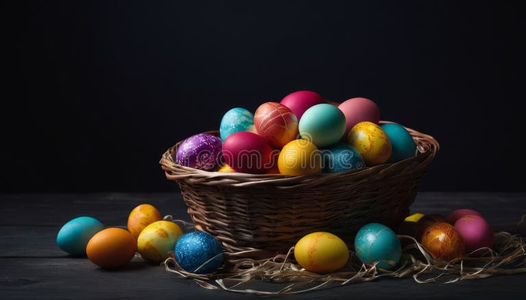 Artistic Easter Eggs Spread in Wicker Basket Stock Image - Image of design, wicker: 314472737