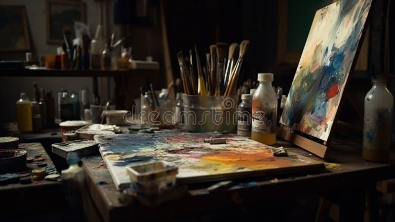 Artistic Equipment Easel, Paint Brushes on Work Table in a Artist ...