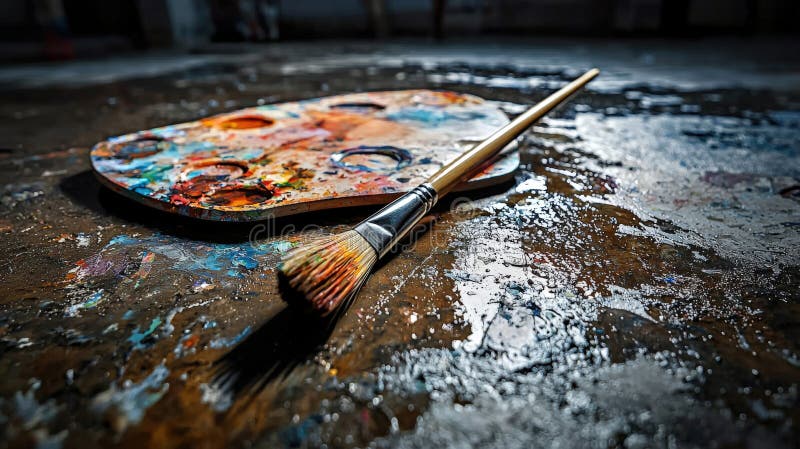 Artistic Expression Paintbrush on Colorful Palette Studio Setting Close ...