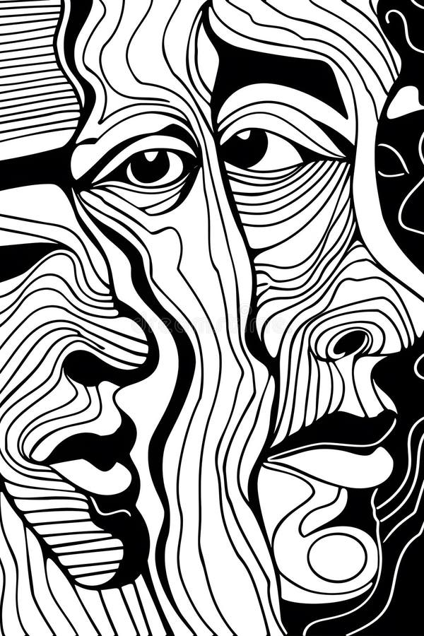 Artistic Faces in Abstract Black and White Line Art Represent ...