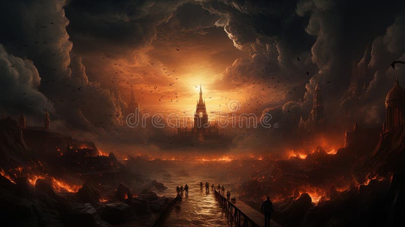 Artistic Fantasy Landscape of Extremely Cloudy Dark Sky with Fire and ...