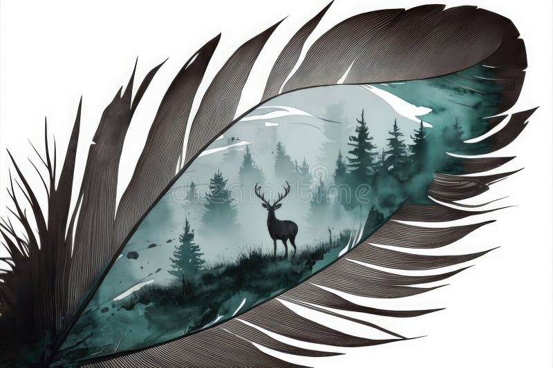 Artistic Feather with Forest Silhouette Stock Illustration ...