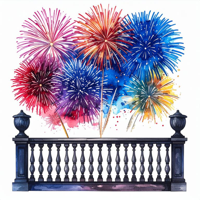 Artistic Fireworks Display Over Stone Balcony on White Background Stock ...