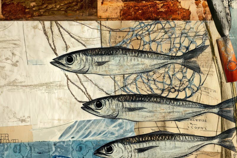 Artistic Fish on Nautical Themed Background with Net and Maps. Stock ...