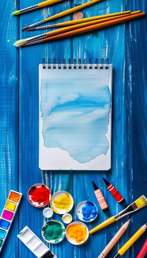 Artistic Flat Lay of a Creative Workspace Featuring Brushes, Palette ...