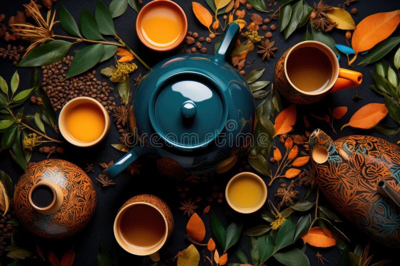 Artistic Flat Lay of Tea Set and Colorful Tea Leaves Stock Illustration ...