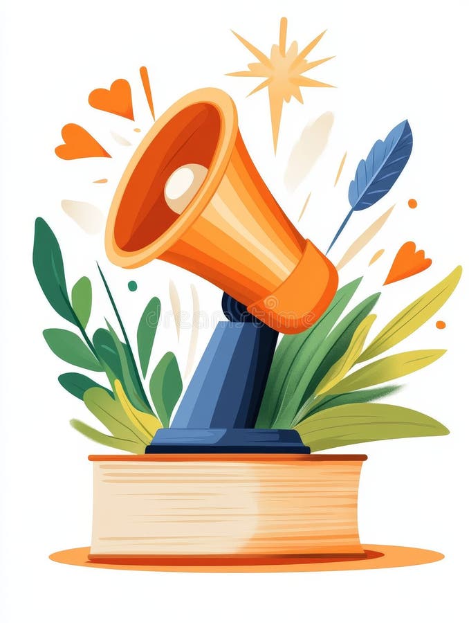 Artistic Flat Vector of Orange Megaphone Green Foliage Open Book ...