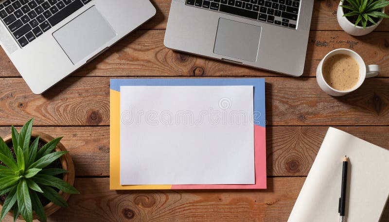 Artistic Flyer Mockup on Wooden Desk with Laptops, Creative Workspace ...