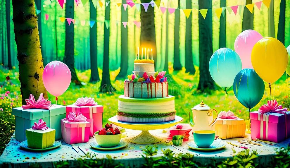 An Artistic Generated Image of a Birthday Cake Set Up in a Forest ...
