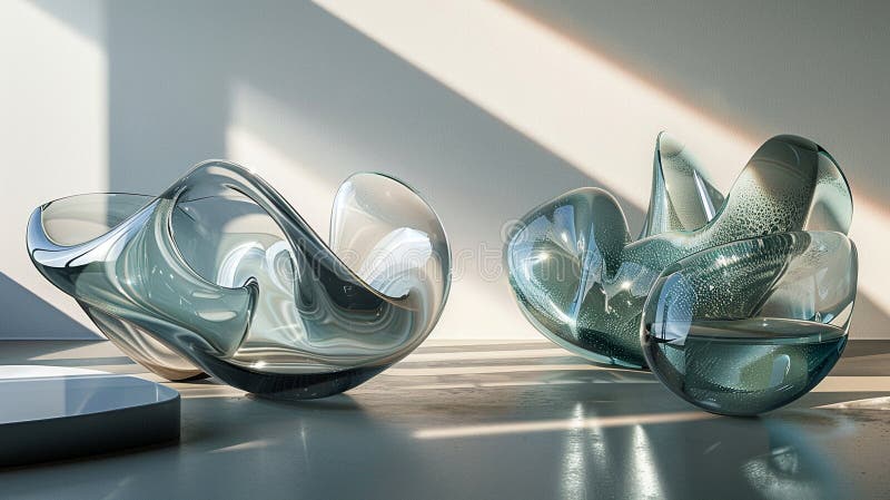 Artistic Glass Sculptures Casting Reflections in a Brightly Lit Room ...