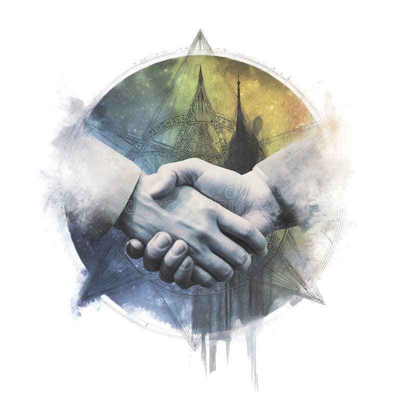 Artistic Handshake with Celestial and Architectural Overlay a Symbolic ...