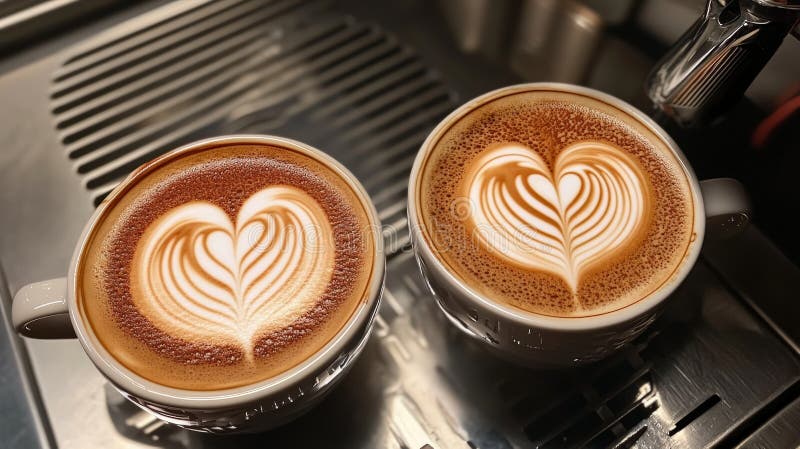 Artistic Heart-shaped Latte Art on Two Cups of Coffee Stock ...