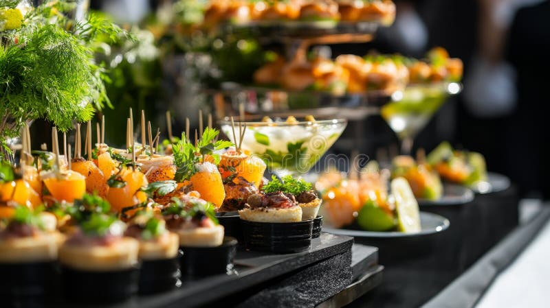 Artistic High-End Cocktail Bar Scene with Elegant Drinks and Appetizers ...