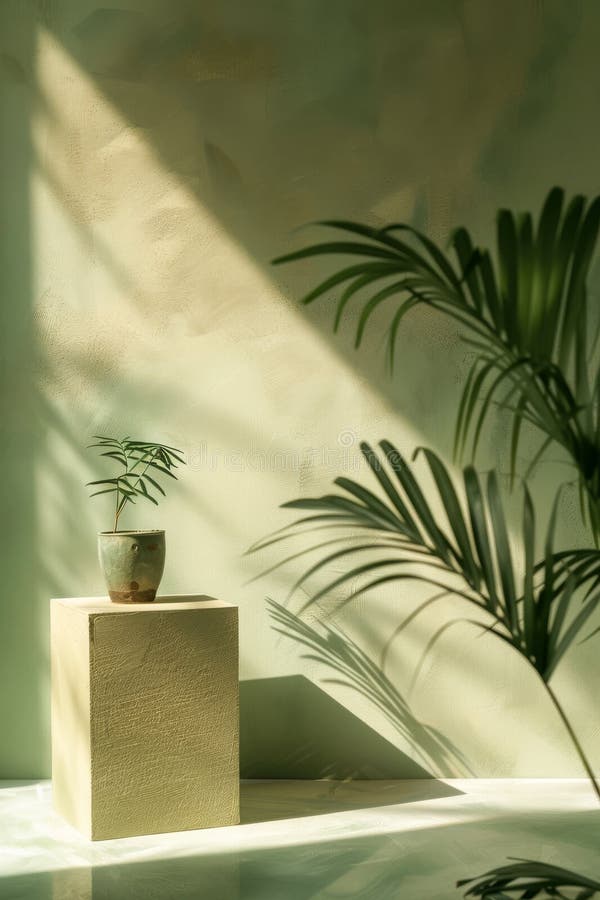 Artistic Home Interior with Green Textured Wall, Plants in a Pot, Light ...