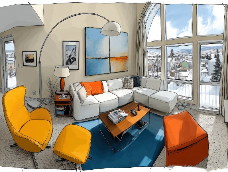 An Artistic Home Interior Illustration Depicting Design Ideas Stock ...