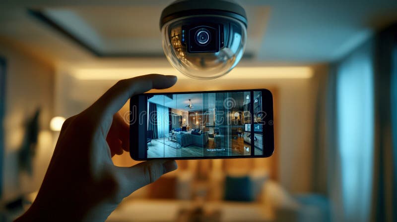 Artistic Home Interior with Security Camera View Shown on Smartphone ...
