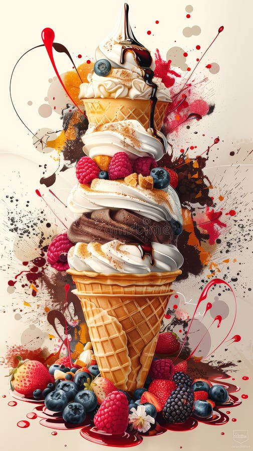 Artistic Ice Cream Cone with Berries, Chocolate, and Syrup, a Visually ...