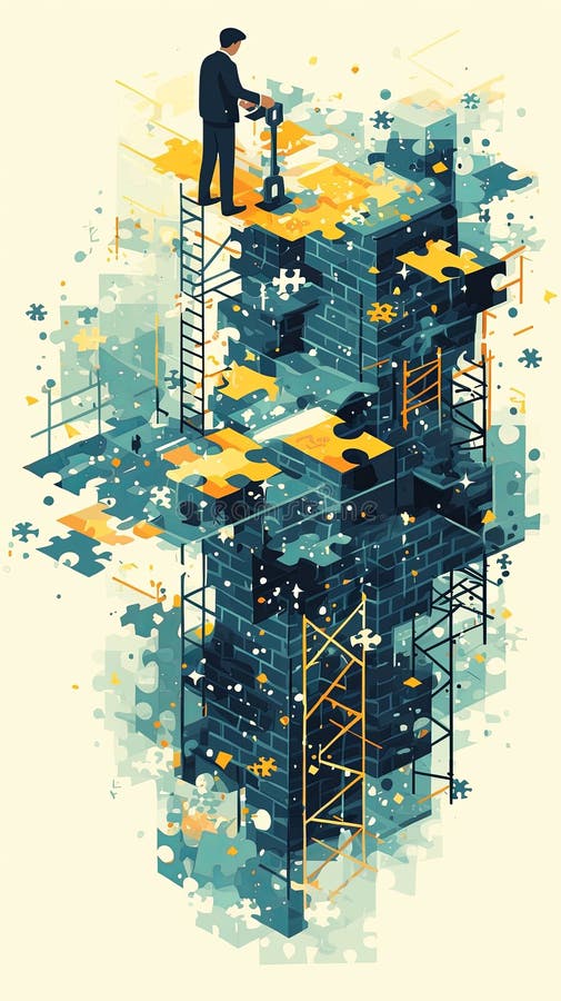 Businessman Solving Complex Puzzle on Scaffolding in Abstract Artistic ...