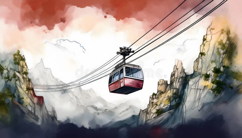 An Artistic Illustration of a Cable Car Traversing a Dramatic ...