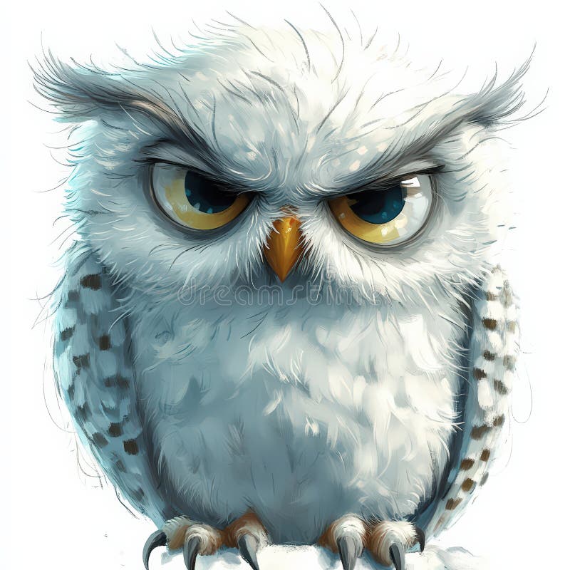 Artistic Illustration of a Cute White Owl with Intense Expression Stock ...