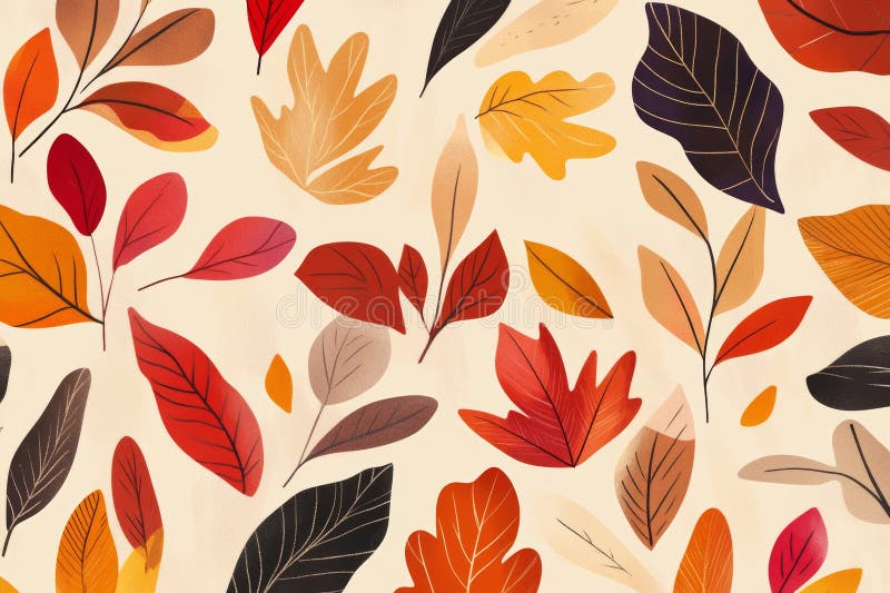 Artistic Illustration of Fall Leaves in Warm Colors on a Beige ...