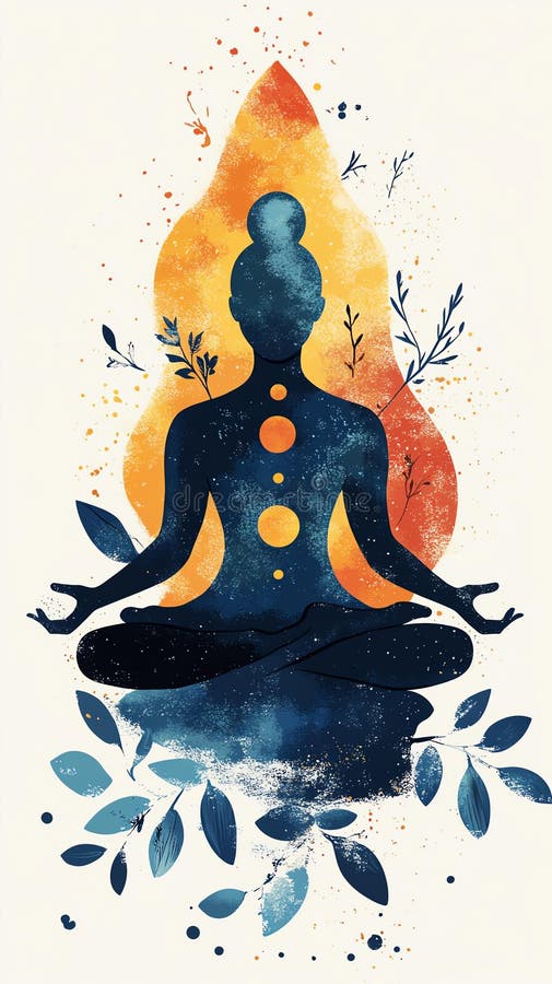Meditative Silhouette with Chakra Symbols and Nature Elements Stock ...