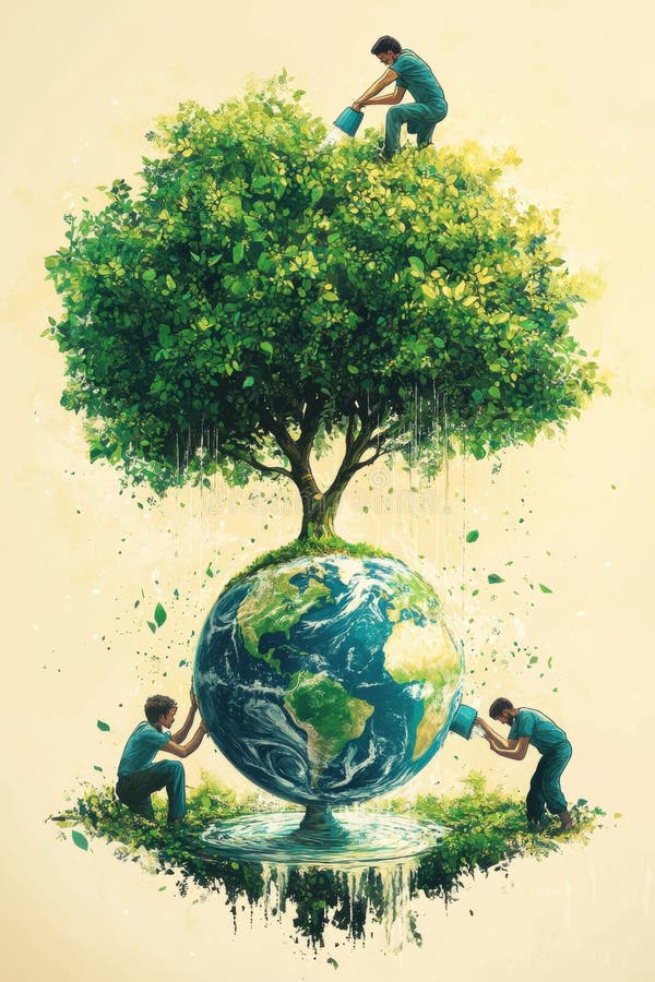 Creative Illustration of People Nurturing a Tree on Earth Stock Photo ...