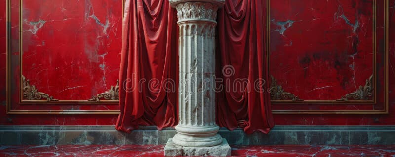 Elegant Ancient Column Against Ornate Red Wall with Draped Fabric Stock ...
