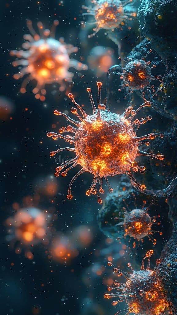 A Detailed Digital Rendering Shows Glowing, Intricate Viruses in a Deep ...