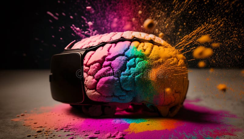 An Artistic Illustration of a Human Brain, VR Glasses Bursting with ...