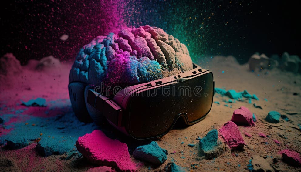 An Artistic Illustration of a Human Brain, VR Glasses Bursting with Knowledge and Creativity. Ai ...