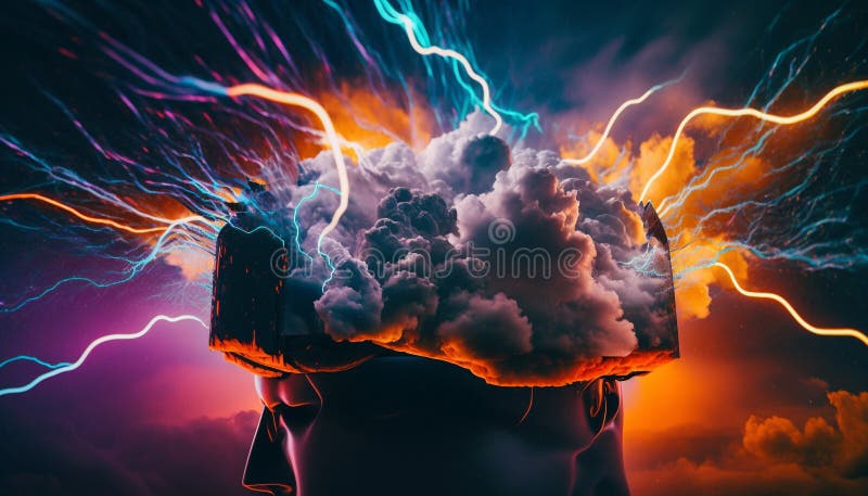 Artistic Illustration of Human Brain, VR Glasses, Lightning, Full of ...