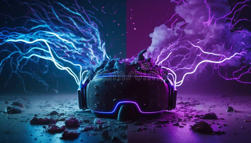 Artistic Illustration of Human Brain, VR Glasses, Lightning, Full of ...