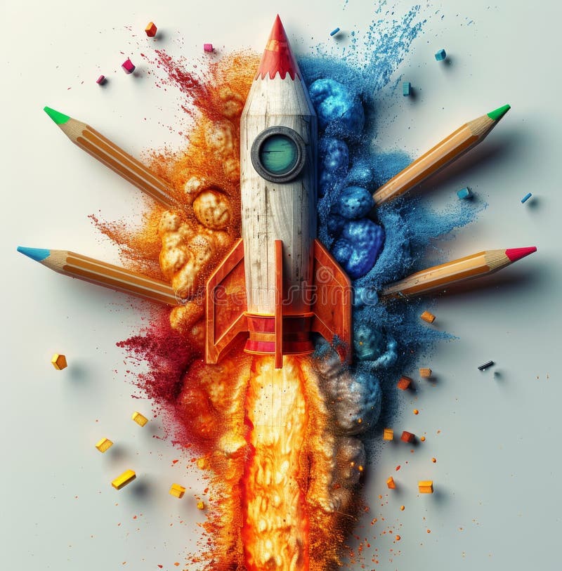 Artistic Illustration of a Pencil Rocket Launching with Dynamic Color ...