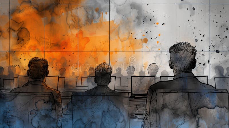 Artistic Illustration of People Facing Computers with an Abstract Fiery ...