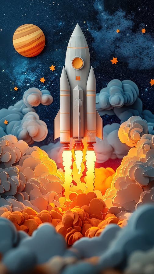 Rocket Launch in Space-themed Illustration with Colorful Planets Stock ...