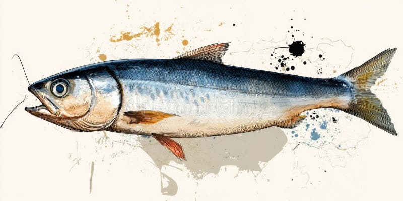 Artistic Illustration of a Silver Fish with Watercolor Splashes Stock ...