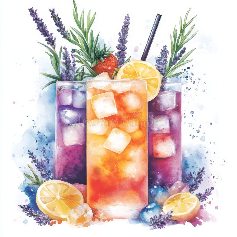 An Artistic Illustration of Three Refreshing Drinks with Vibrant Colors ...