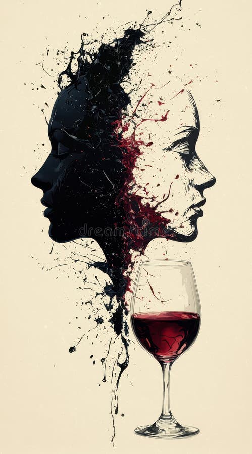 Artistic Illustration of Two Faces Formed by Wine Splashes with a Wine ...