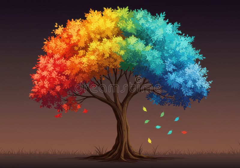 An Artistic Illustration of a Vibrant, Symmetrical Tree with Leaves in ...