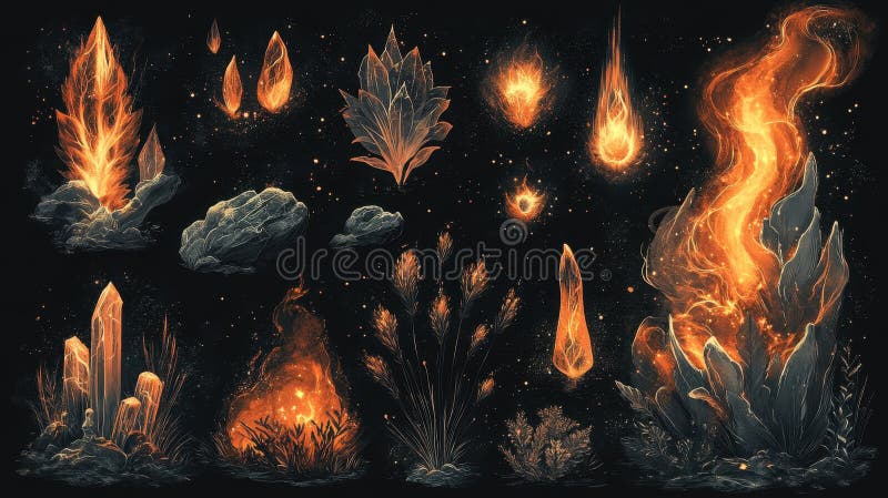 Artistic Illustrations of Fire Elements and Crystals Captured in a Dark ...