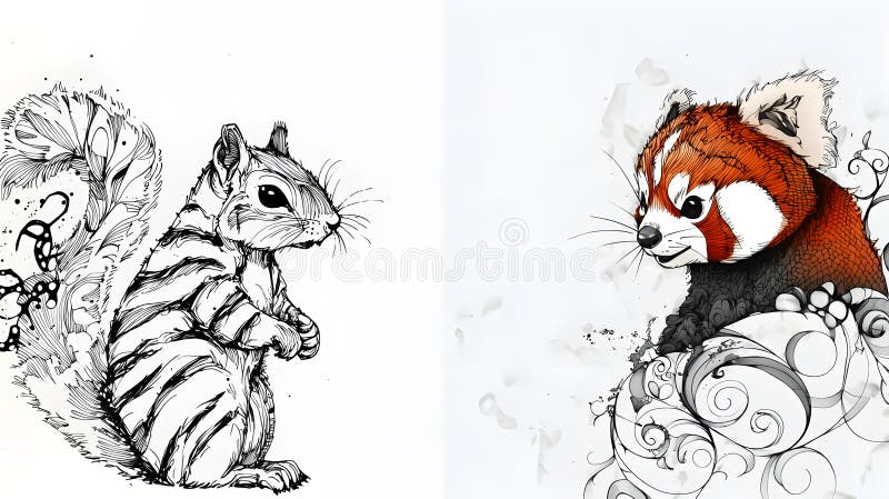 Artistic Illustrations of a Squirrel and Red Panda Stock Illustration ...