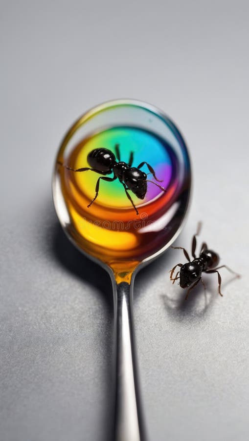 Artistic Image of Ant Inside Transparent Honey Droplet with Rainbow ...