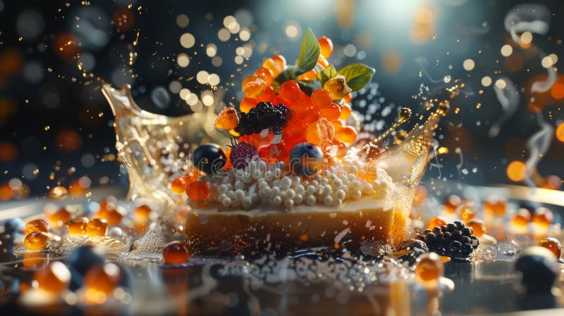 Creative Food Splash Image Featuring a Dessert Topped with Berries and ...
