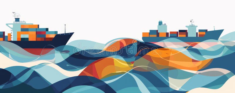 Colorful Abstract Illustration of Container Ships Sailing Over Vibrant ...