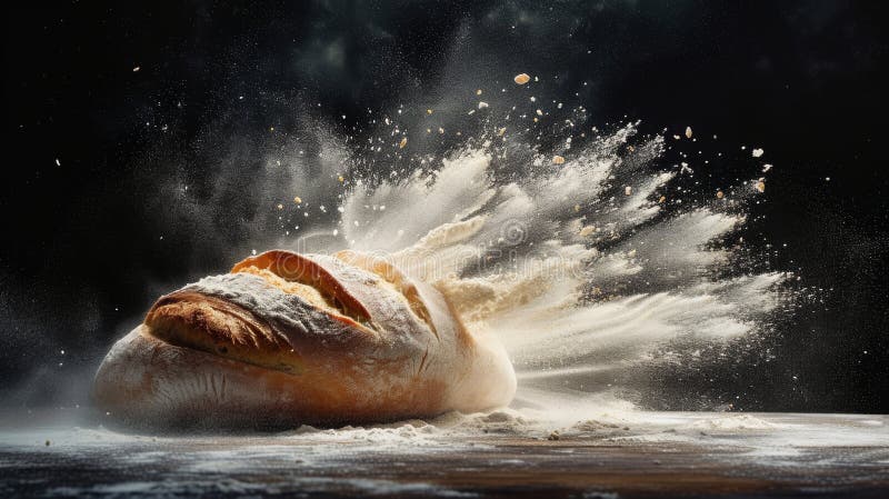 Exploding Artisan Bread with Dynamic Flour Motion Stock Image - Image ...